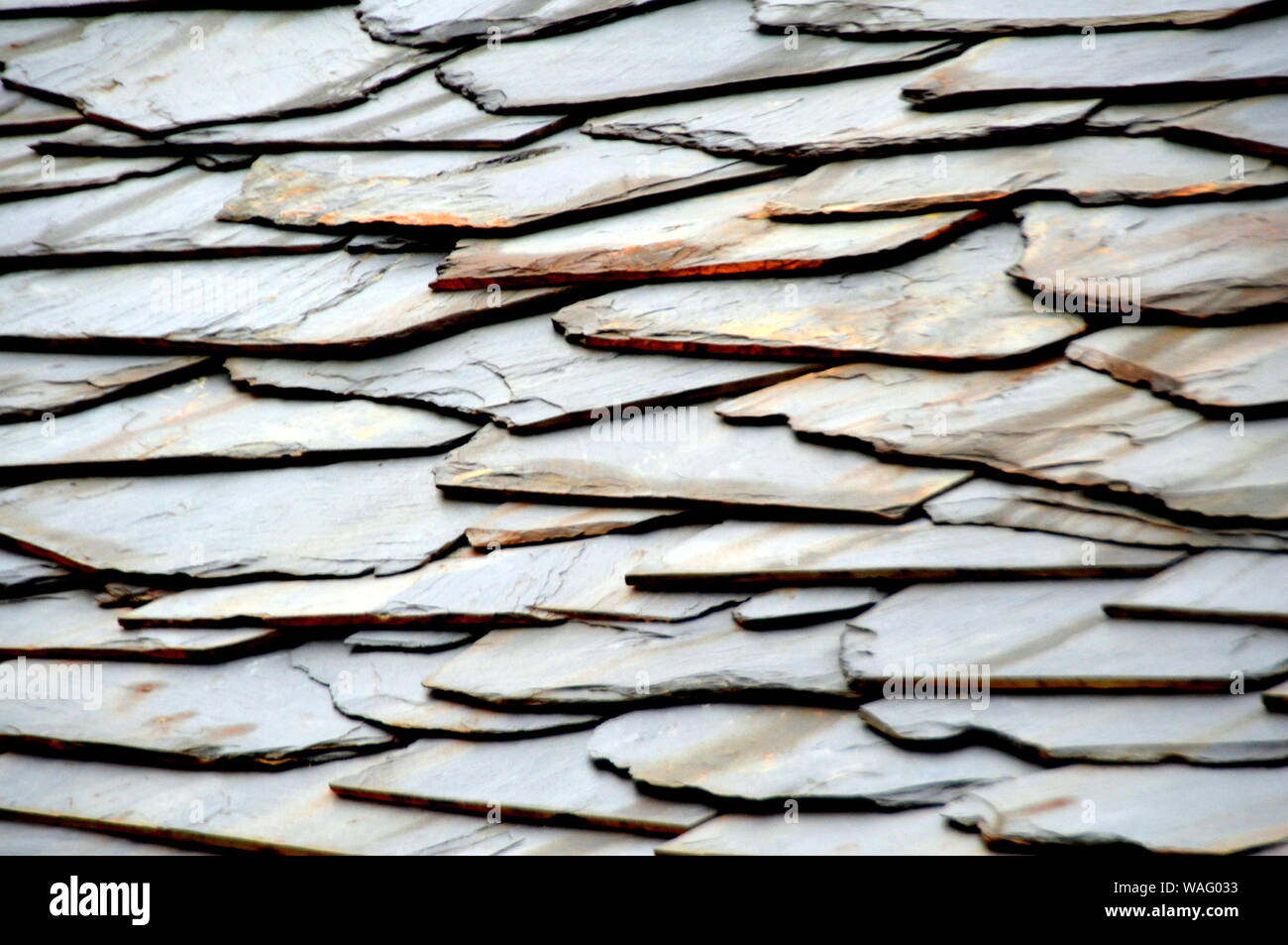 Details of shale roof on a house built from schist in Piodão, one of ...