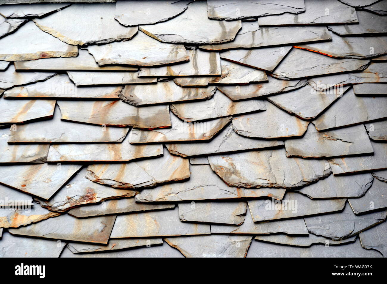 Details of shale roof on a house built from schist in Piodão, one of ...