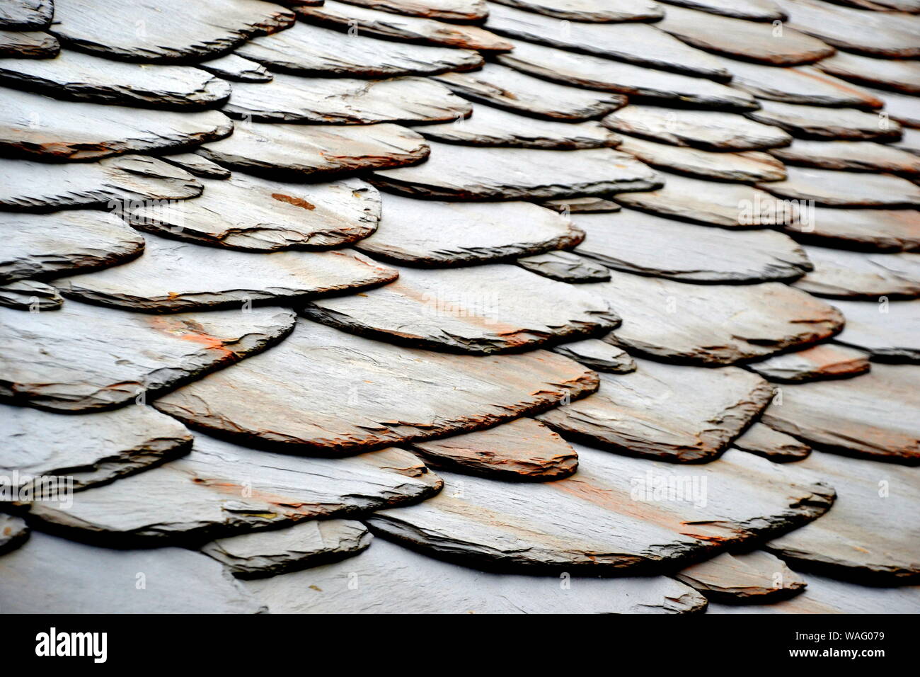 Details of shale roof on a house built from schist in Piodão, one of ...