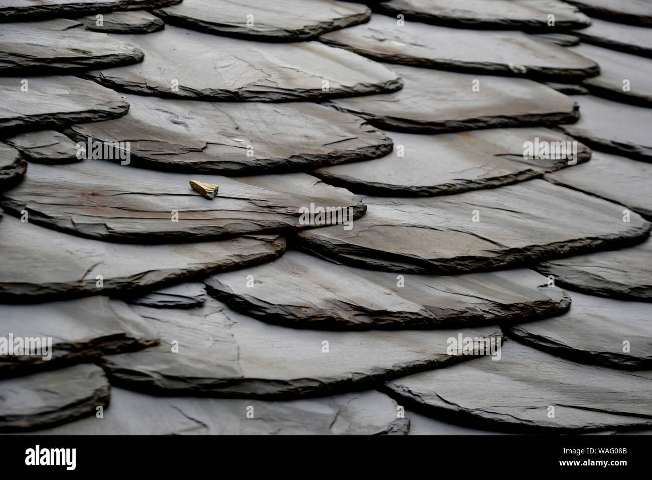 Details of shale roof on a house built from schist in Piodão, one of ...