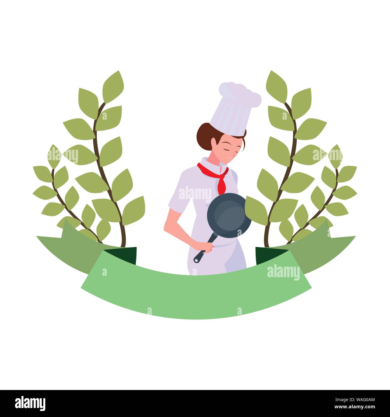 woman chef with frying pan cooking branches ribbon vector illustration ...
