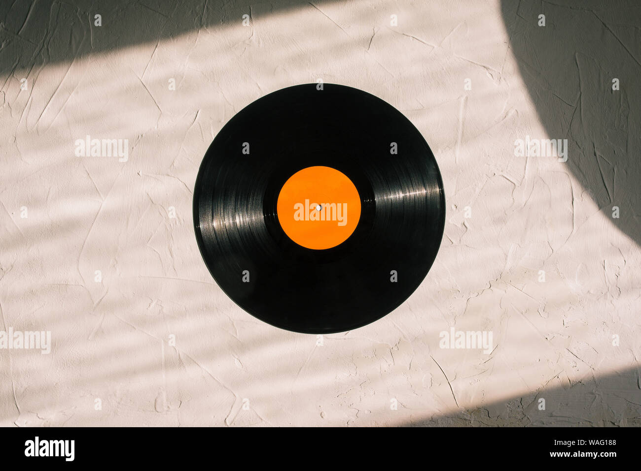 Vinyl record on a white background. Sunlight is falling on a black ...
