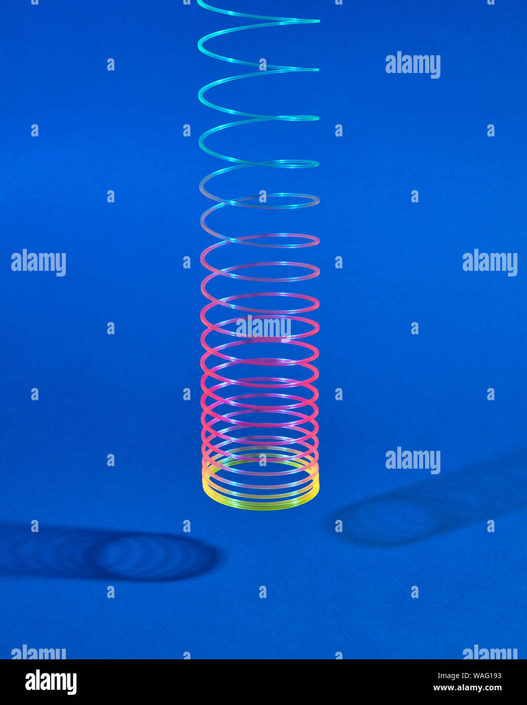 Stretching rainbow plastic spring hungs above blue background with two ...