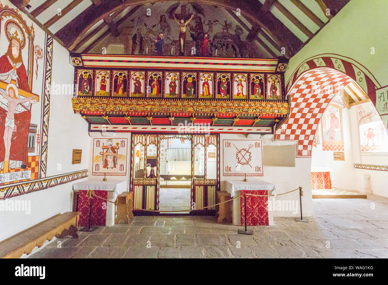 The vibrant interior wall paintings of the c1520 St Teilo's church, Llandeilo at St Fagans ...