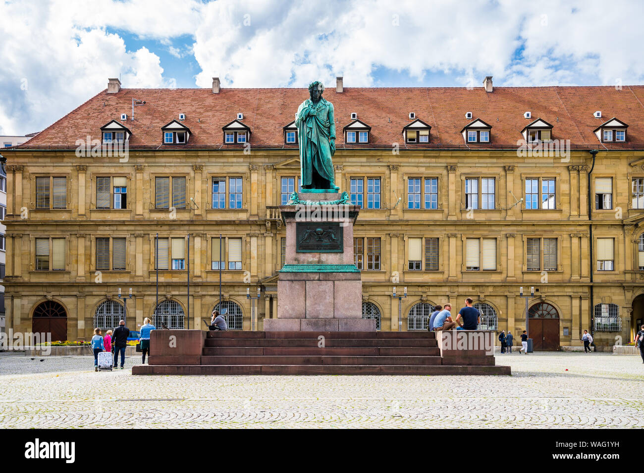 Stuttgart, Germany, August 15, 2019, Cobblestone square schillerplatz ...