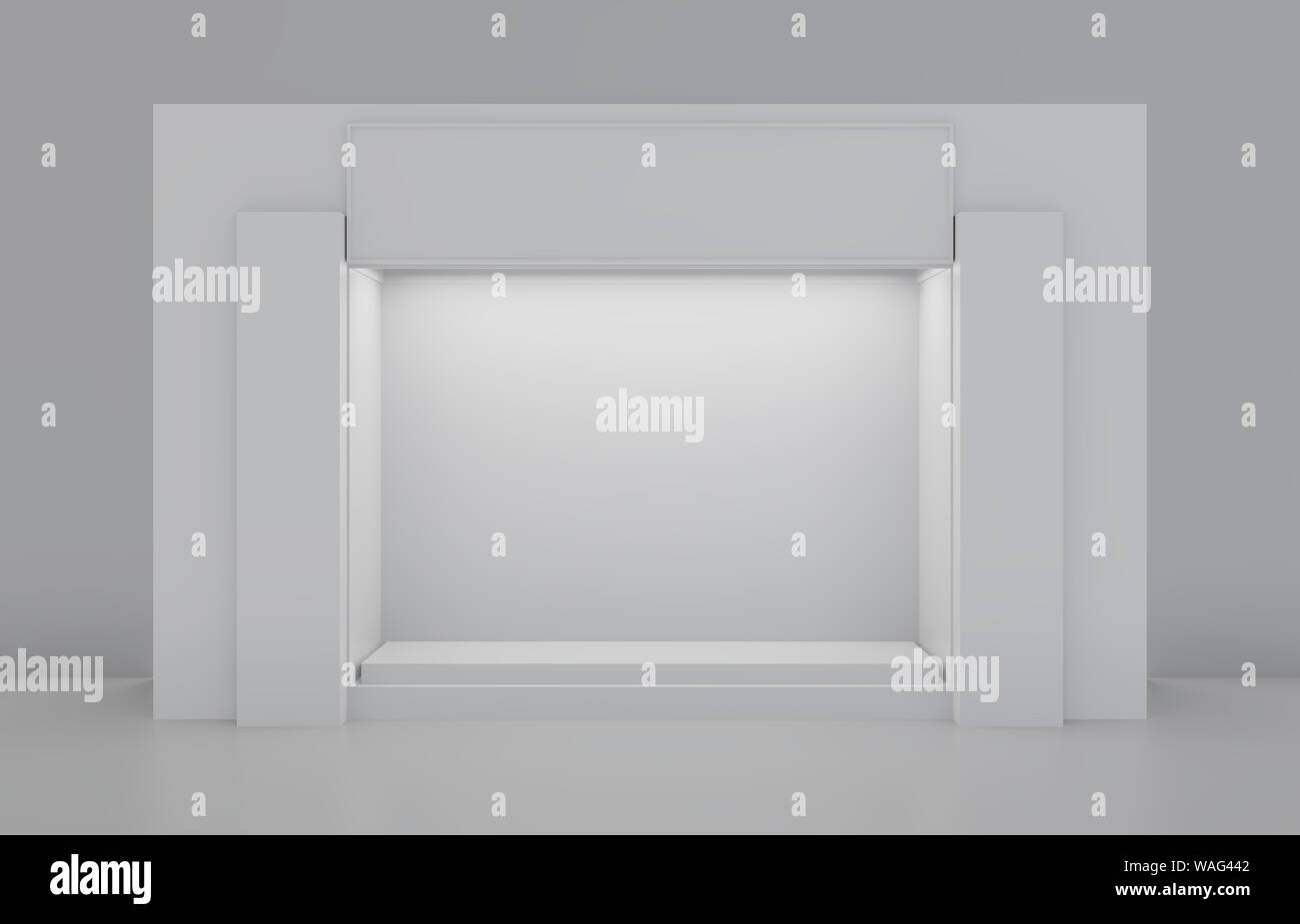 Shop window display, Empty storefront, White Showcase. 3d rendering ...