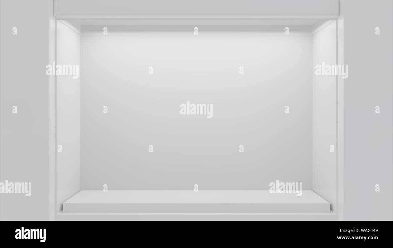 White Storefront blank showcases. The shelve in shop. 3d rendering ...
