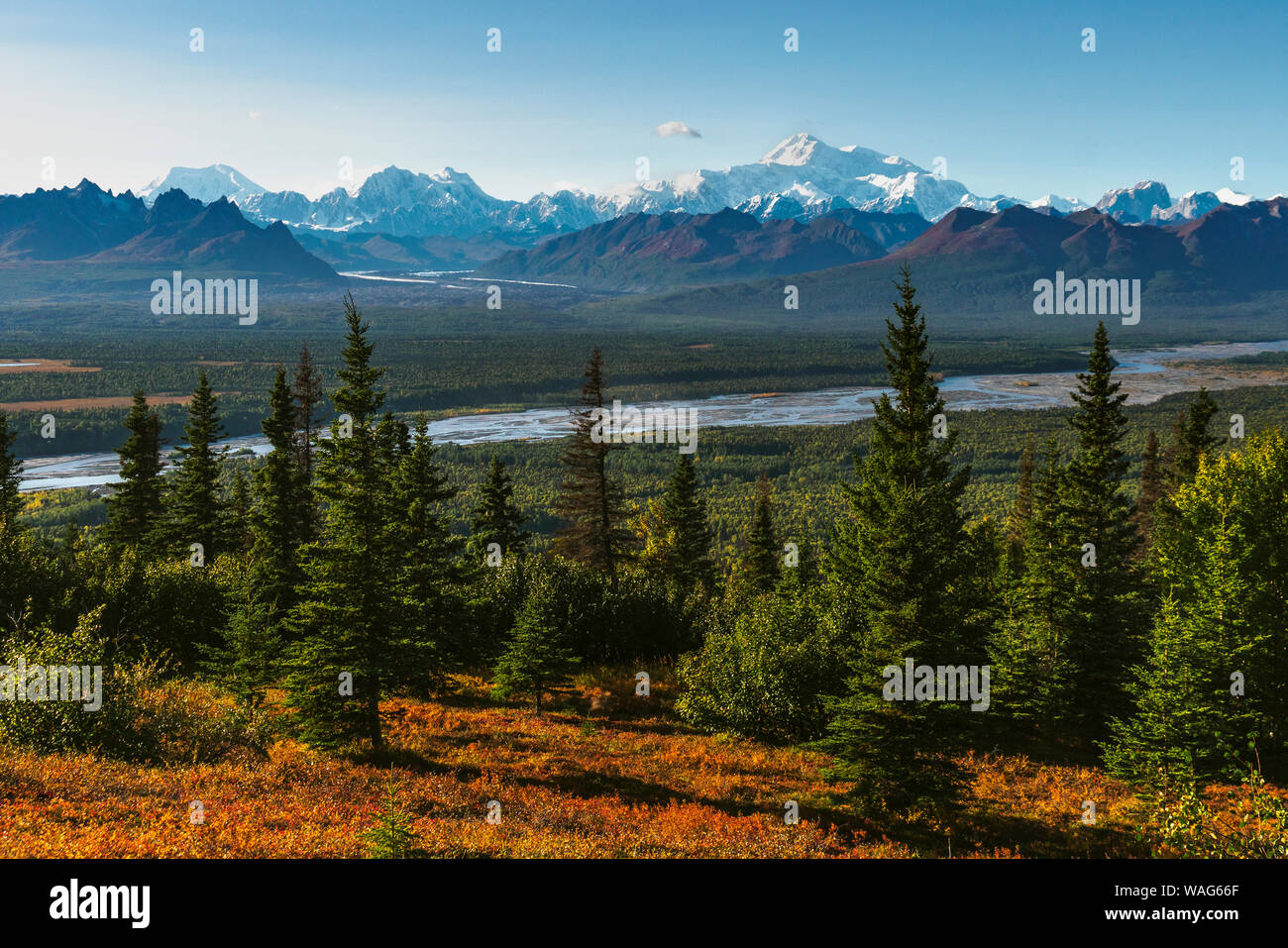 The majestic triple peaks of the Alaska Range - Mt Hunter, Mt Foraker ...