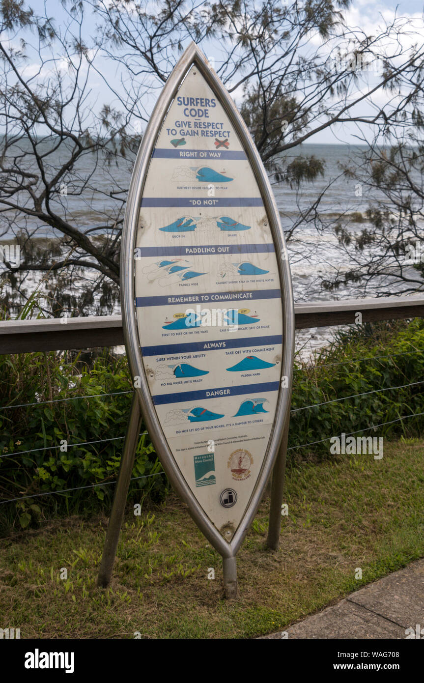 A beach sign illustrating a surfer's code of conduct, displayed on a ...