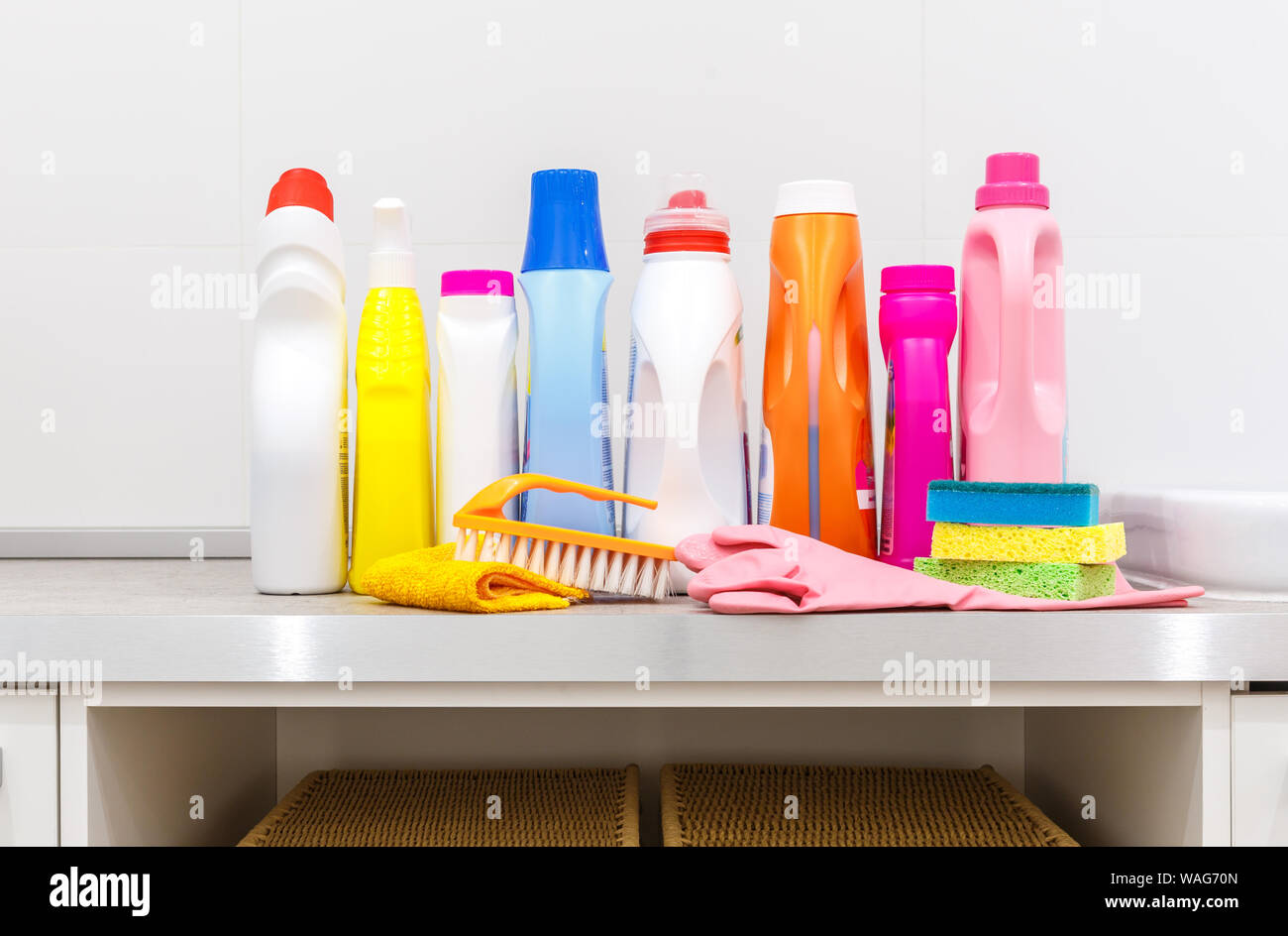 Cleaning items on the table in modern laundry room Stock Photo - Alamy