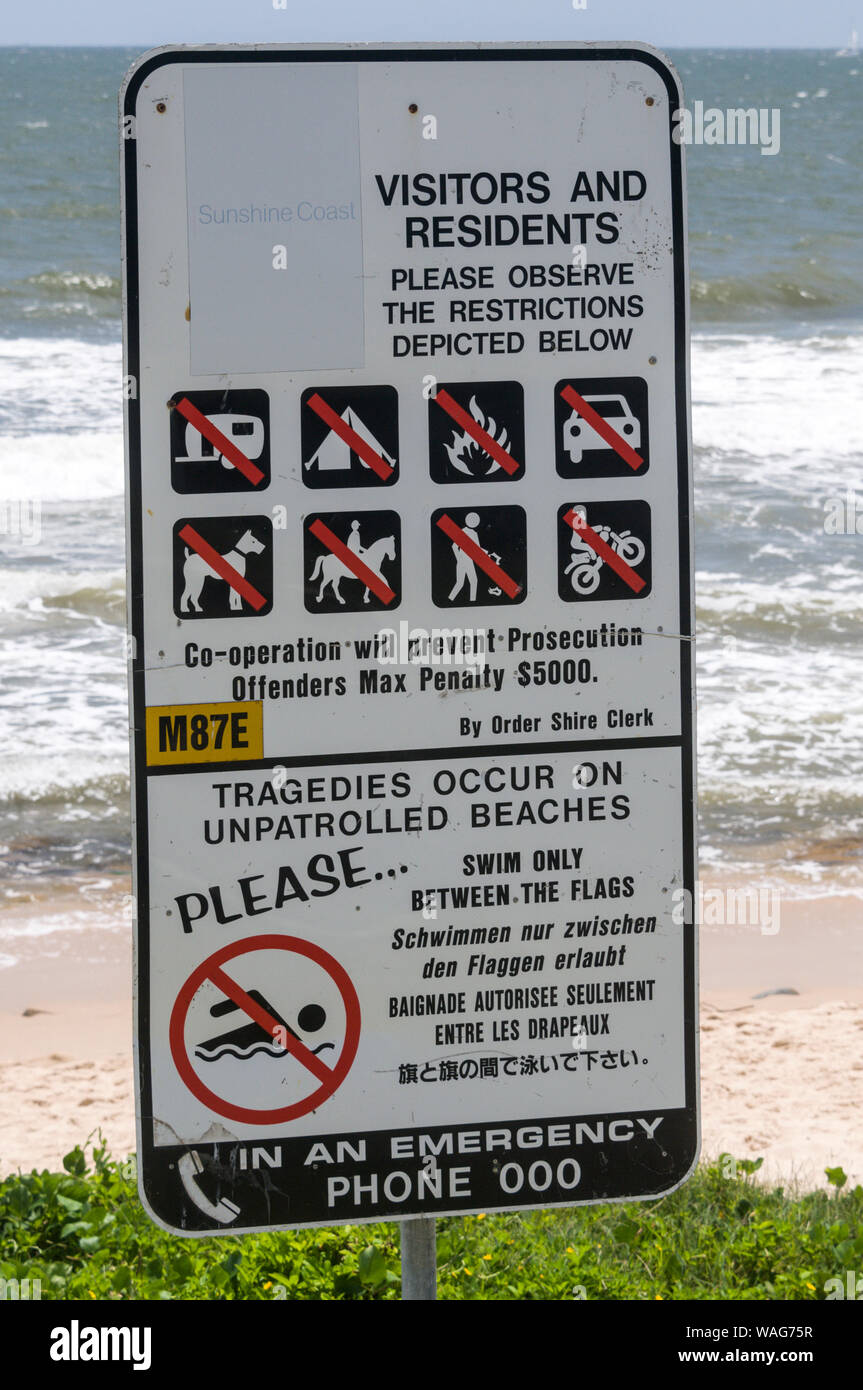 An Australian beach sign at Mooloolaba beach on the Sunshine Coast in ...
