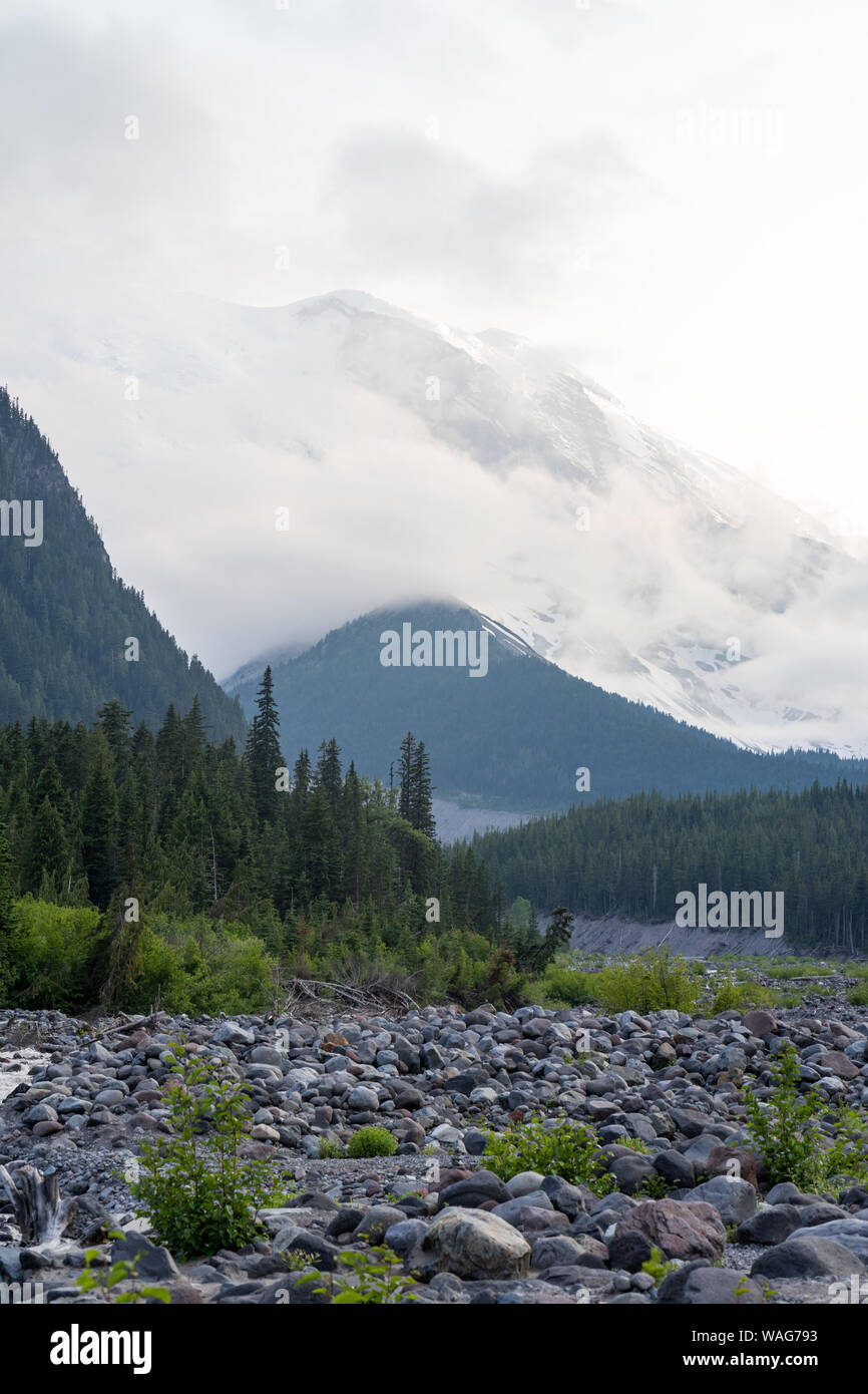 Rocky river bed leading to Mt Rainier National Park Stock Photo - Alamy