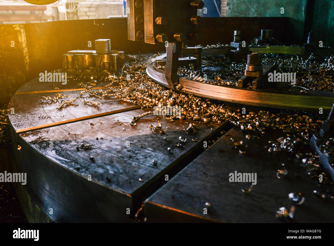 Metal shavings on the details. Metal processing on the machine. Cutting ...