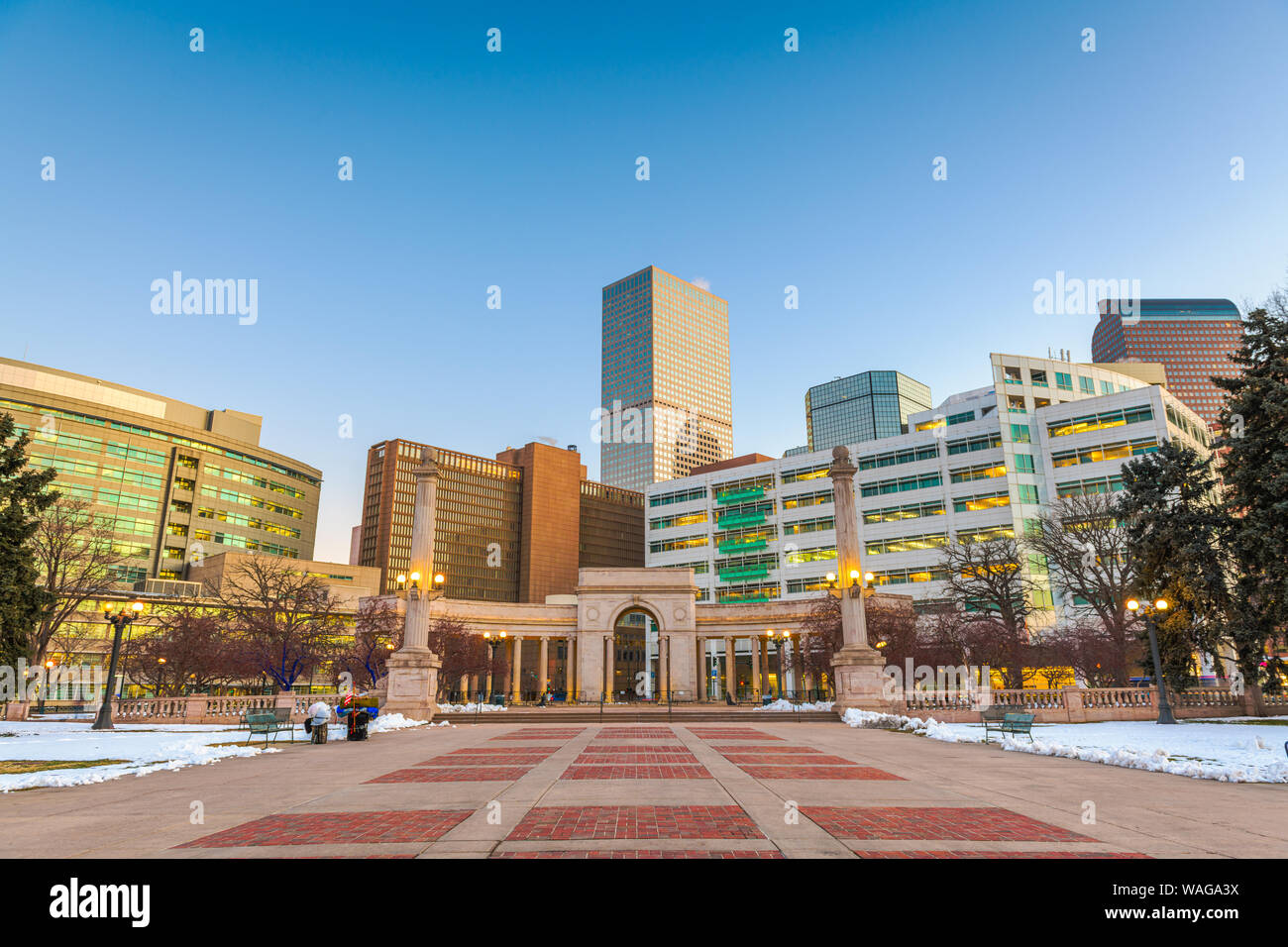 Denver, Colorado, USA downtown cityscape in Civic Center park at dusk ...