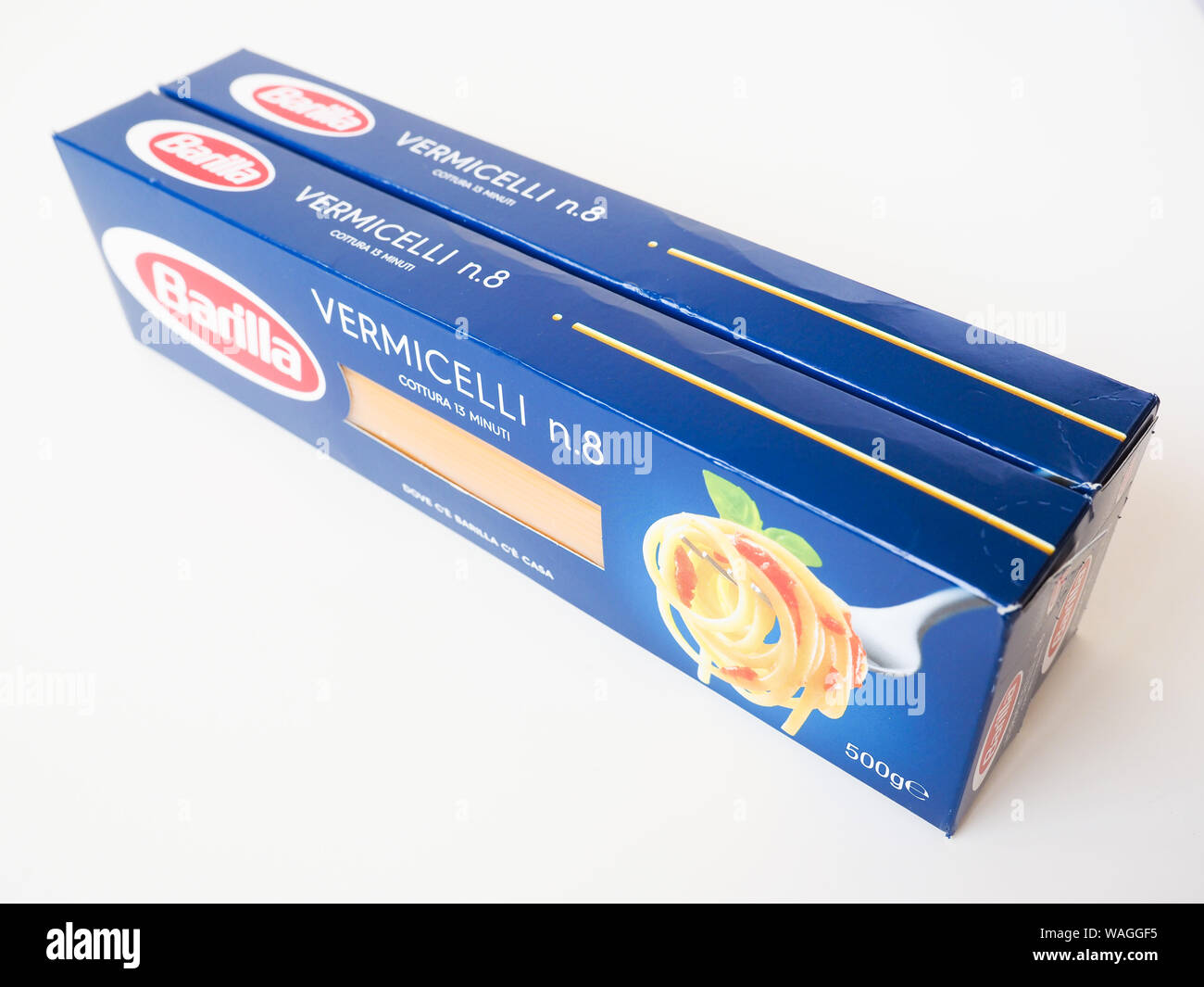 PARMA, ITALY - CIRCA AUGUST 2019: Barilla logo on a packet of pasta ...