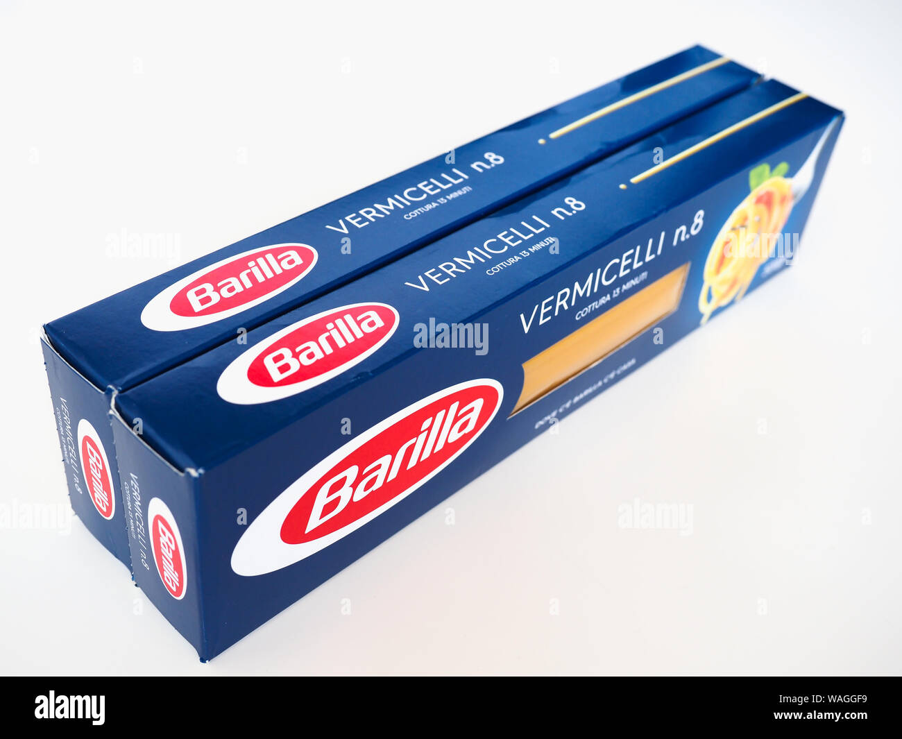 PARMA, ITALY - CIRCA AUGUST 2019: Barilla logo on a packet of pasta ...