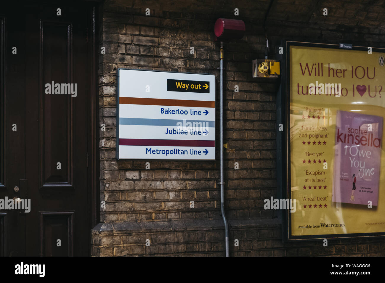London, UK - July 29, 2019: Direction sign towards Bakerloo, Jubilee ...