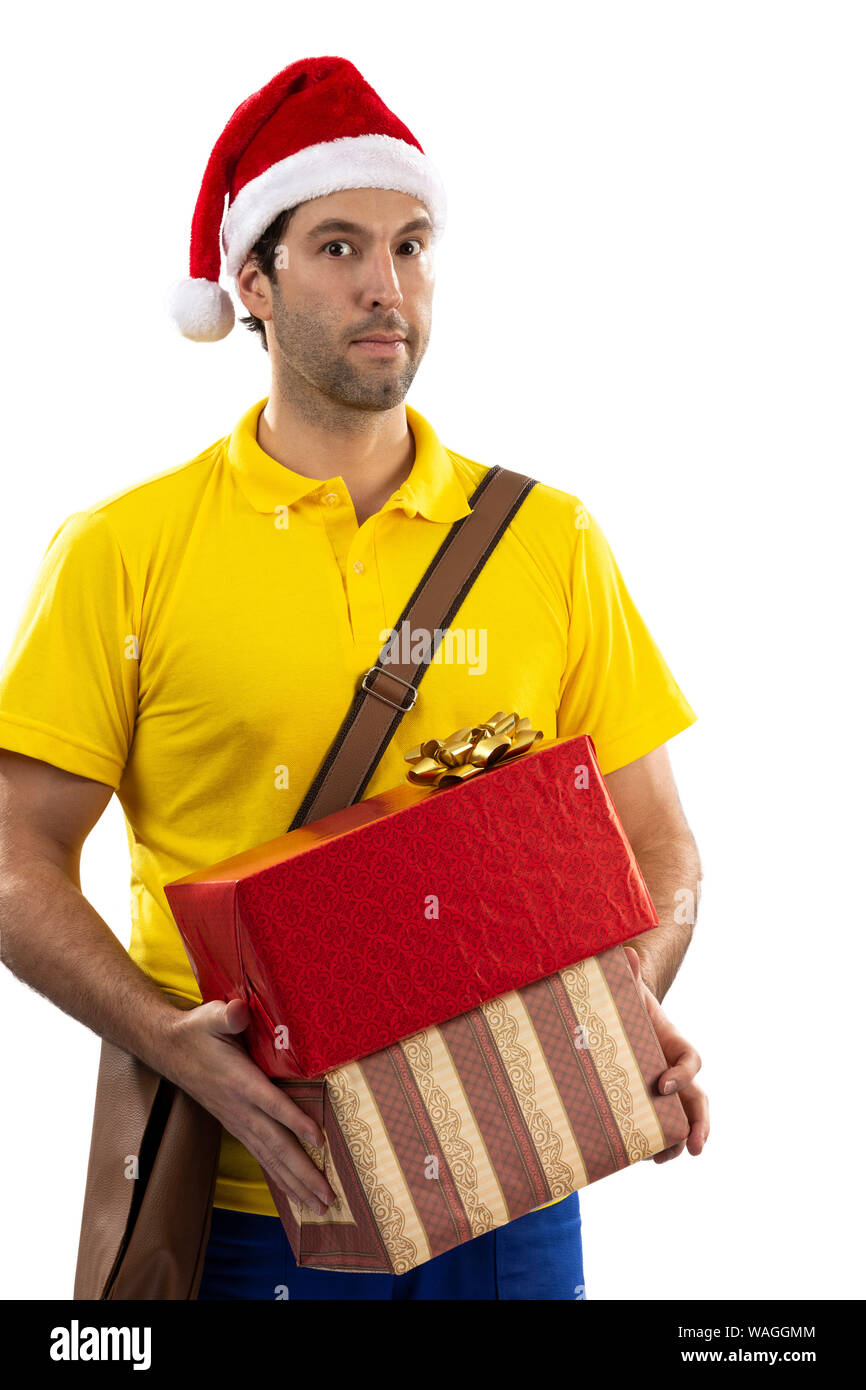 Brazilian mailman dressed as Santa Claus delivering a gift on a white ...