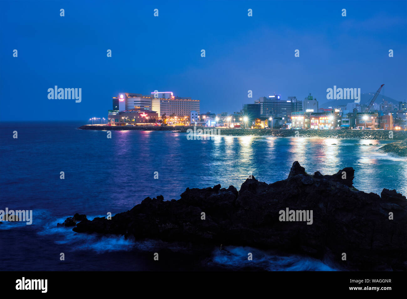 Jeju town illuminated in night, Jeju island, South Korea Stock Photo ...