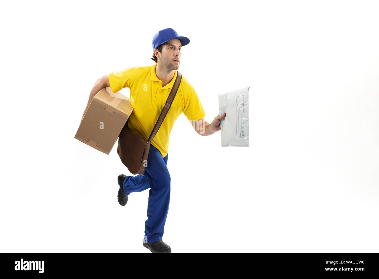 Brazilian mailman running with a package on a white background. copy ...