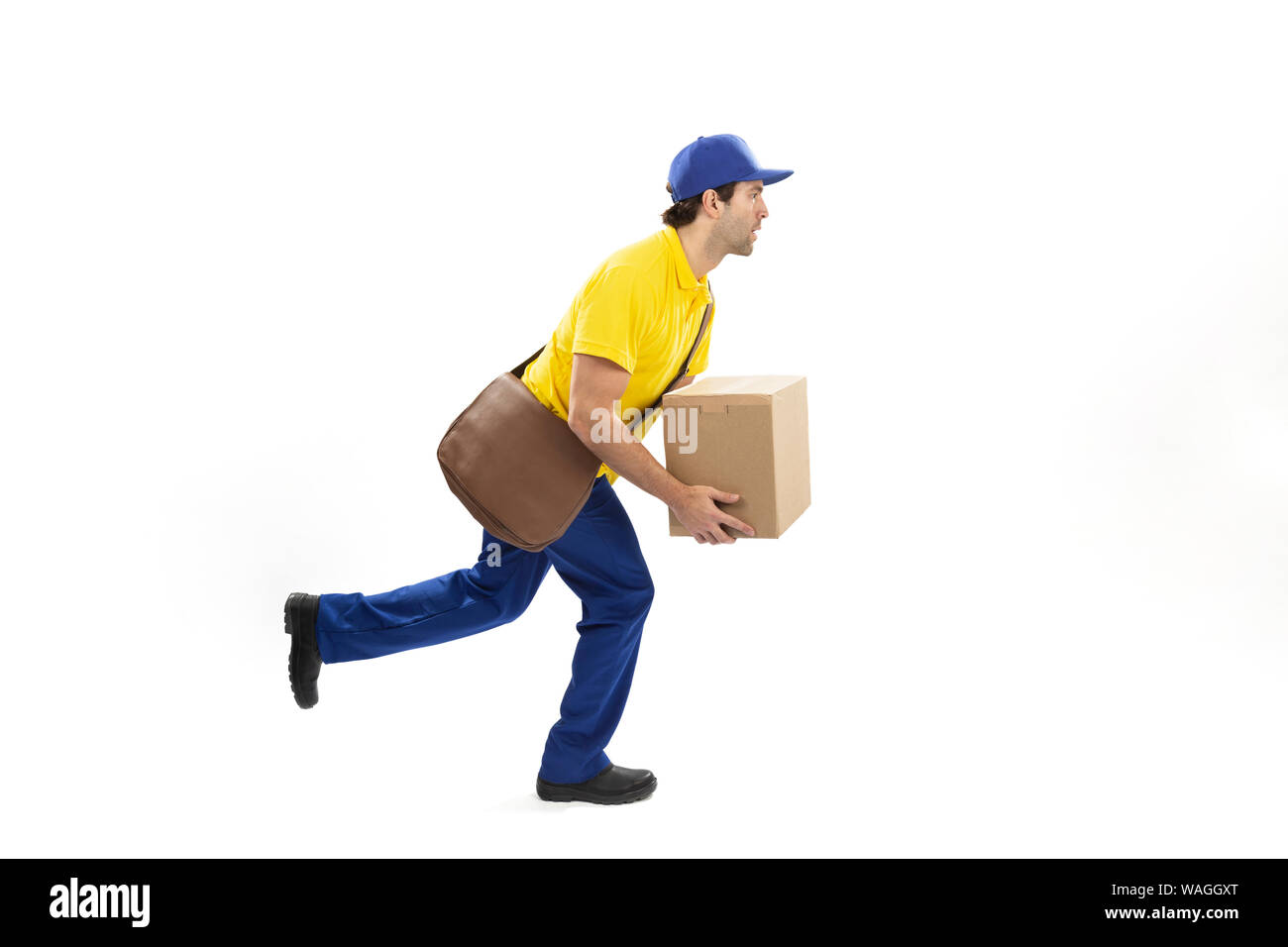 Brazilian mailman running with a package on a white background. copy ...