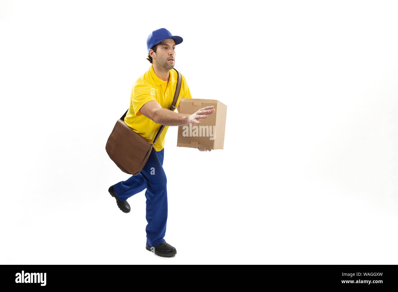 Brazilian mailman running with a package on a white background. copy ...