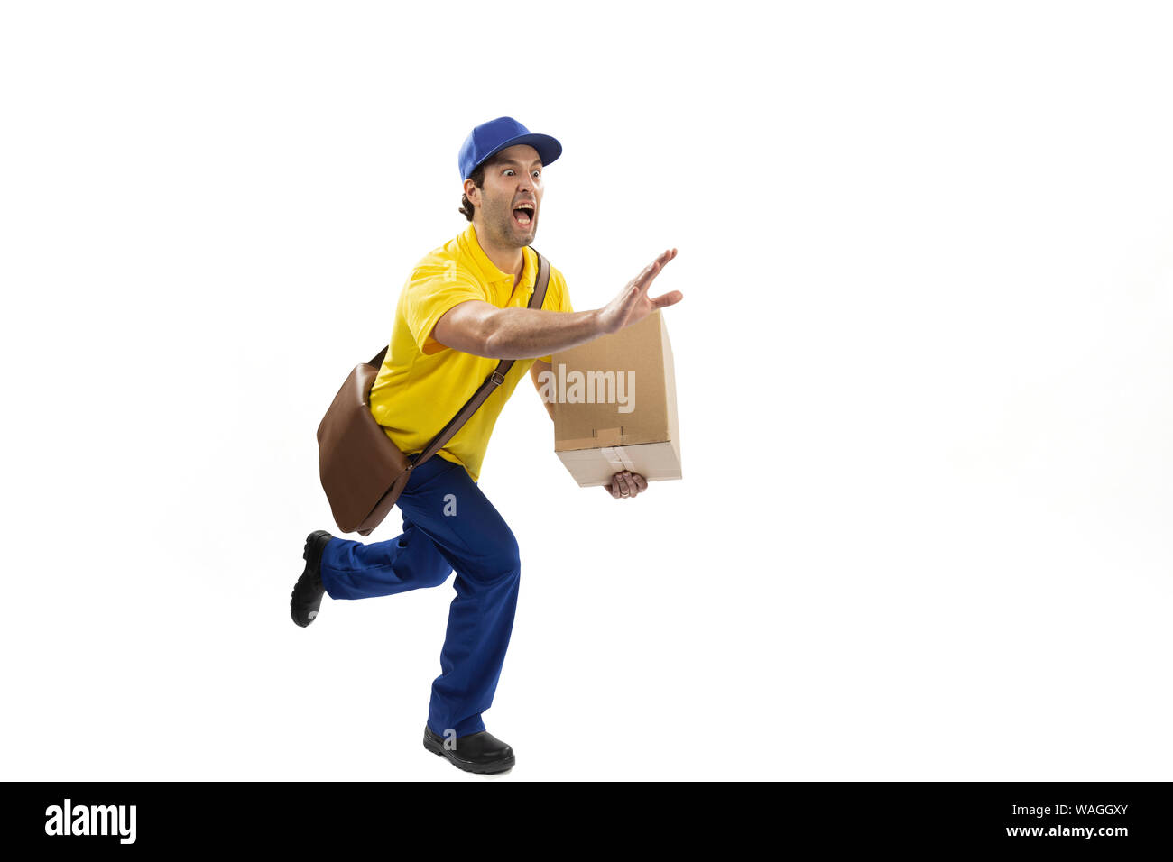 Brazilian mailman running with a package on a white background. copy ...