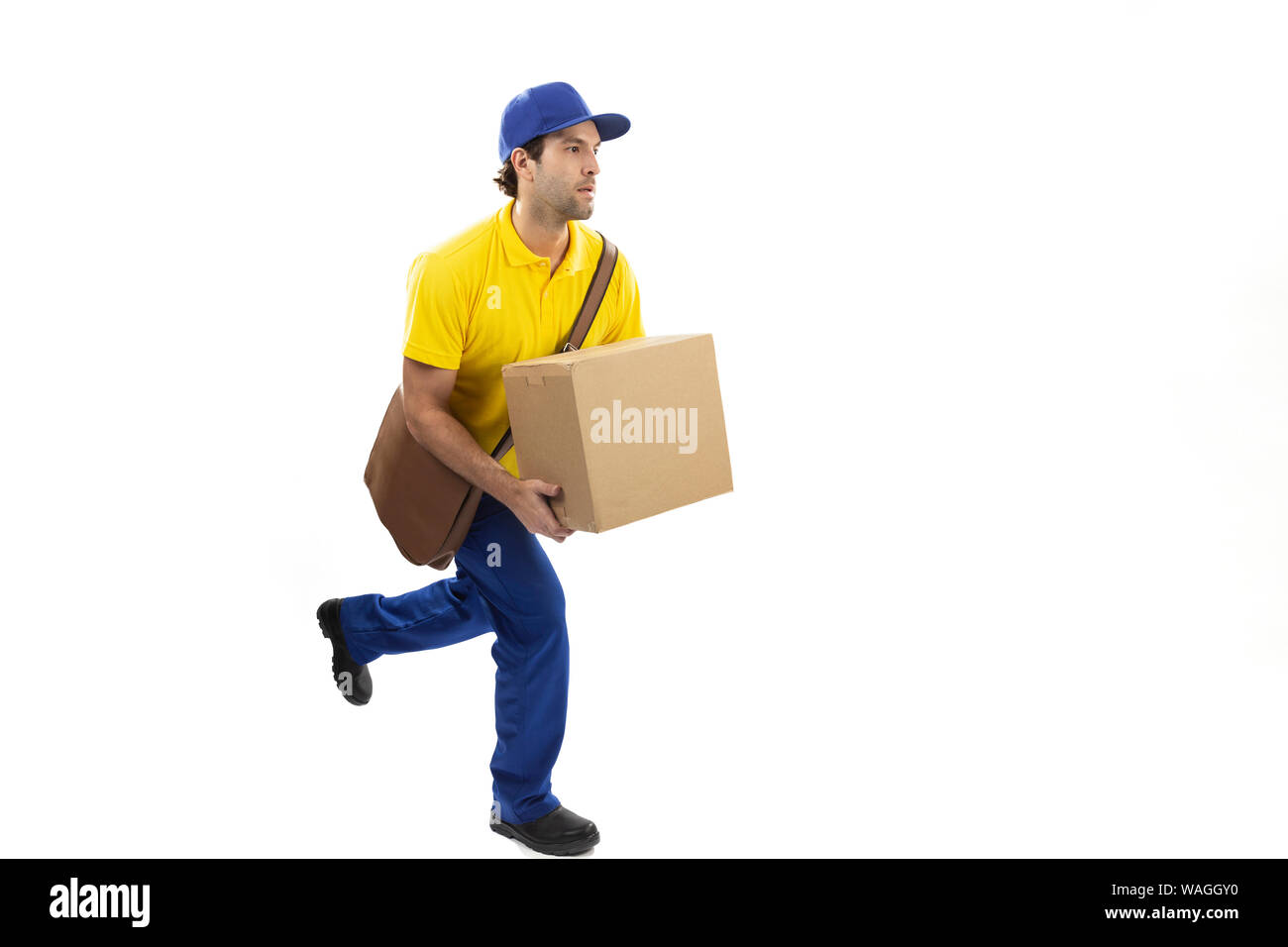 Brazilian mailman running with a package on a white background. copy ...