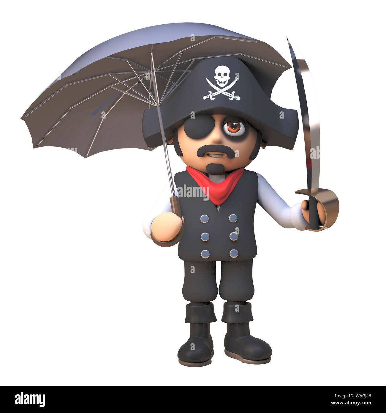 3d cartoon pirate captain character shelters from the rain under an ...