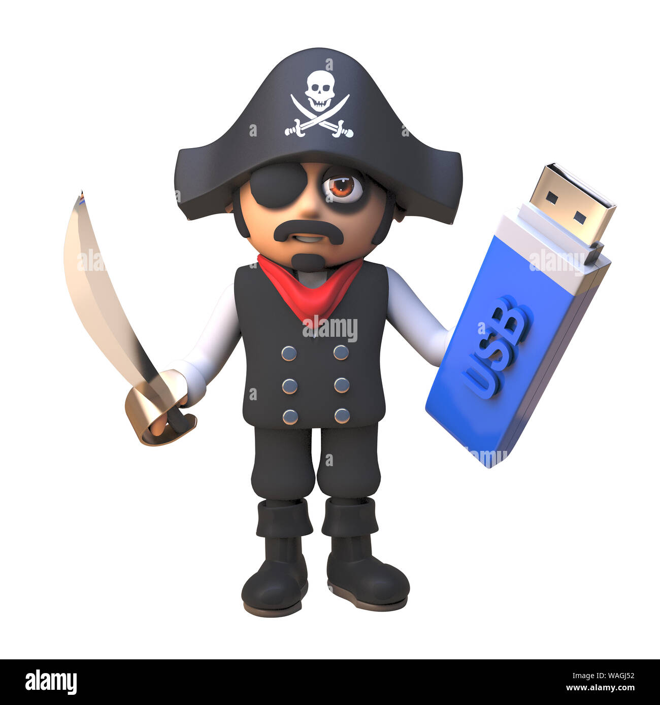 3d pirate captain cartoon character waves his cutlass and holds a USB ...