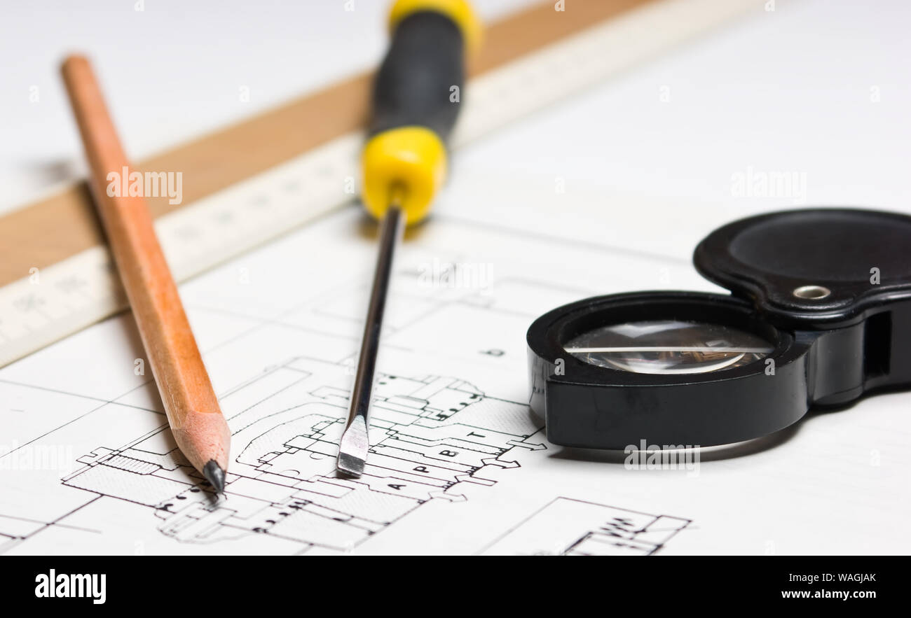 technical schemes with a pencil and ruler Stock Photo - Alamy