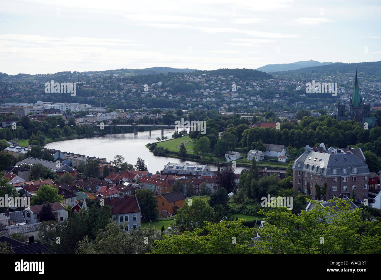TRONDHEIM, NORWAY - CIRCA JULY 2019 Old town view from Kristiansten ...