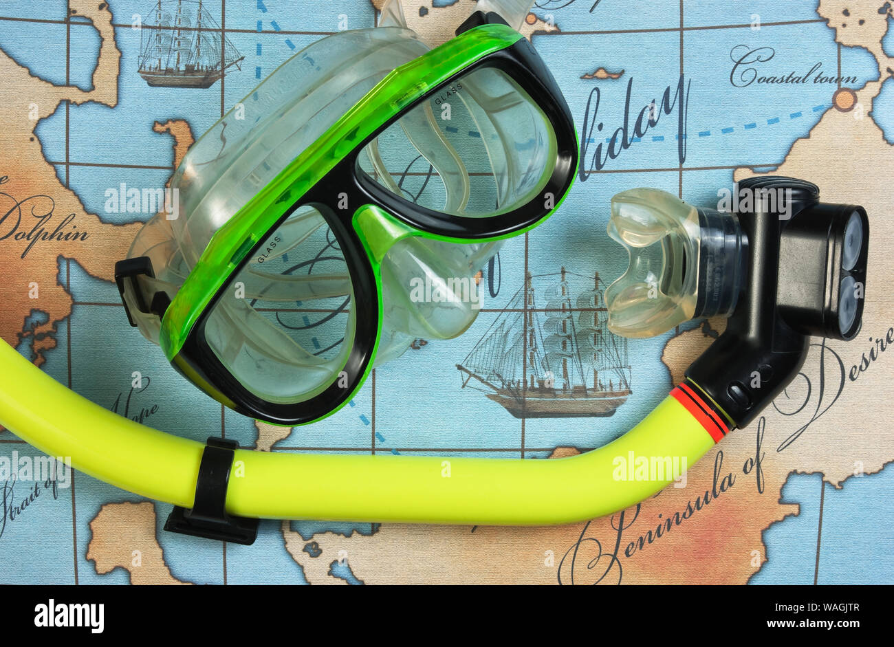 mask and snorkel diving on the map Stock Photo - Alamy