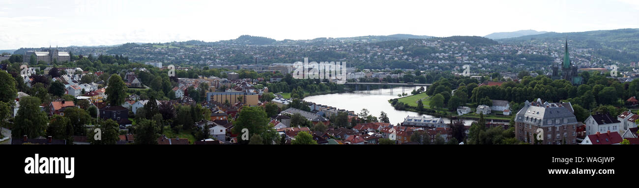 TRONDHEIM, NORWAY - CIRCA JULY 2019 Panorama of Old town from ...