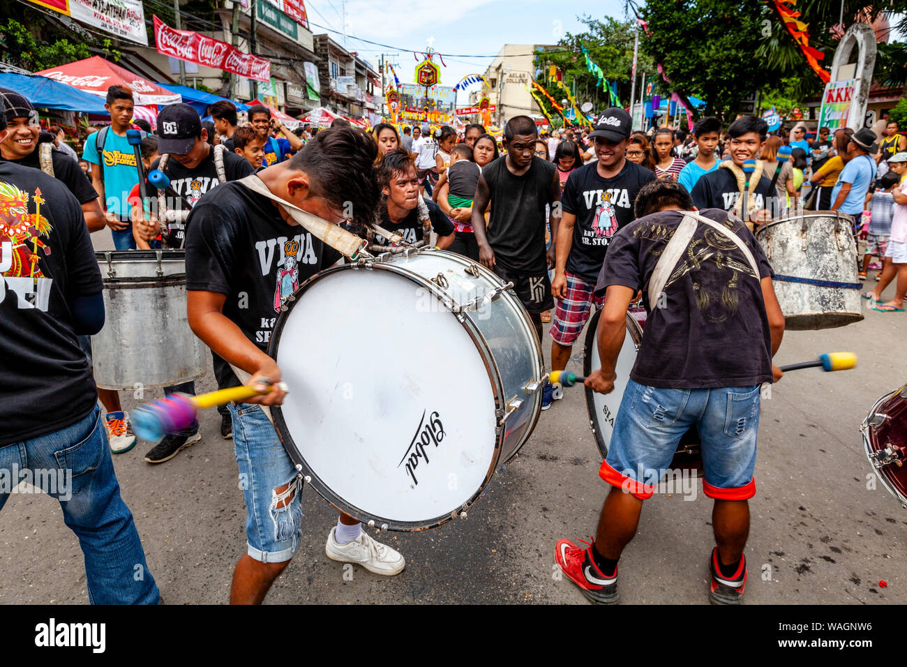 Drummers Perform During A Street Procession, Ati-Atihan Festival ...