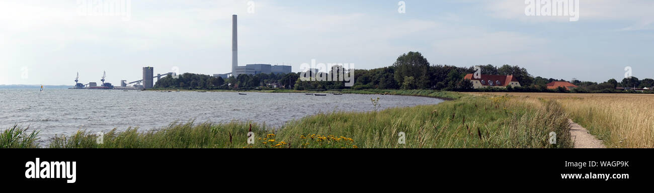 RONDE, DENMARK - CIRCA JULY 2019 Studstru power station and Baltic sea ...