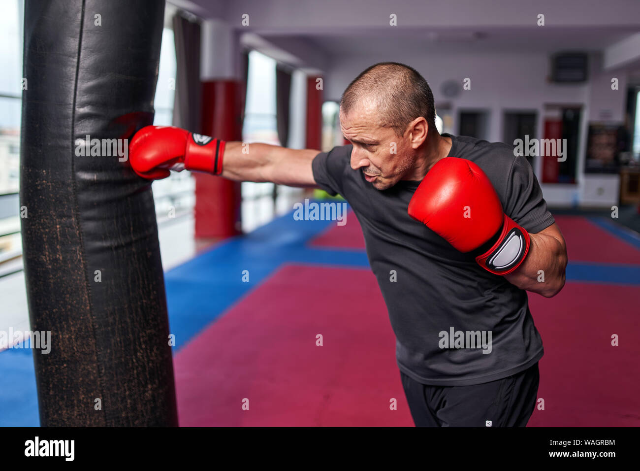 Boxer working with the heavy bag Stock Photo - Alamy