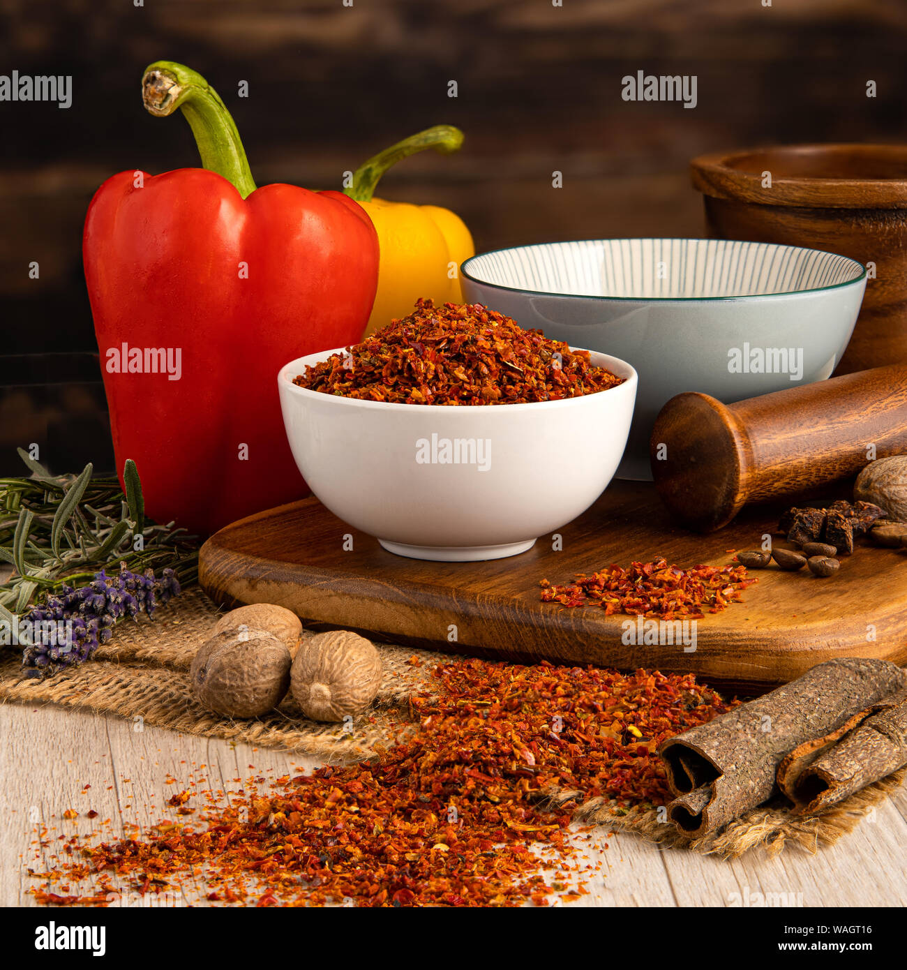 Dried Red Bell Pepper Flakes in a bowl and food preparation and kitchen ...