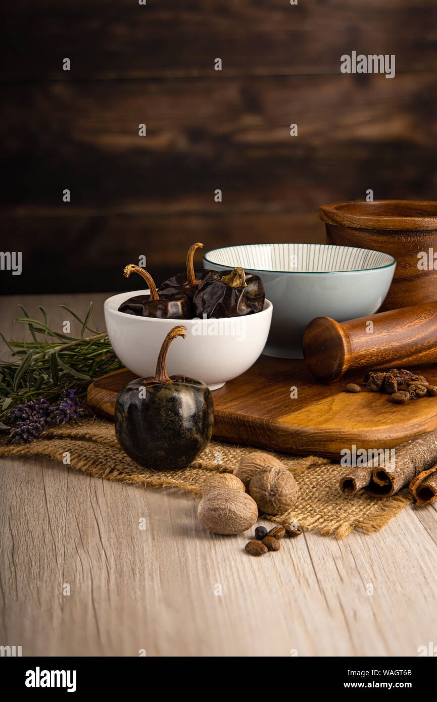 Mexican Cascabel Chilli Chile in a bowl and food preparation and ...