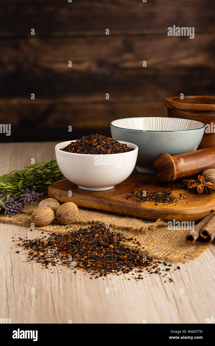 Dried Chipotle Chilli Chie Flakes in a bowl and food preparation and ...