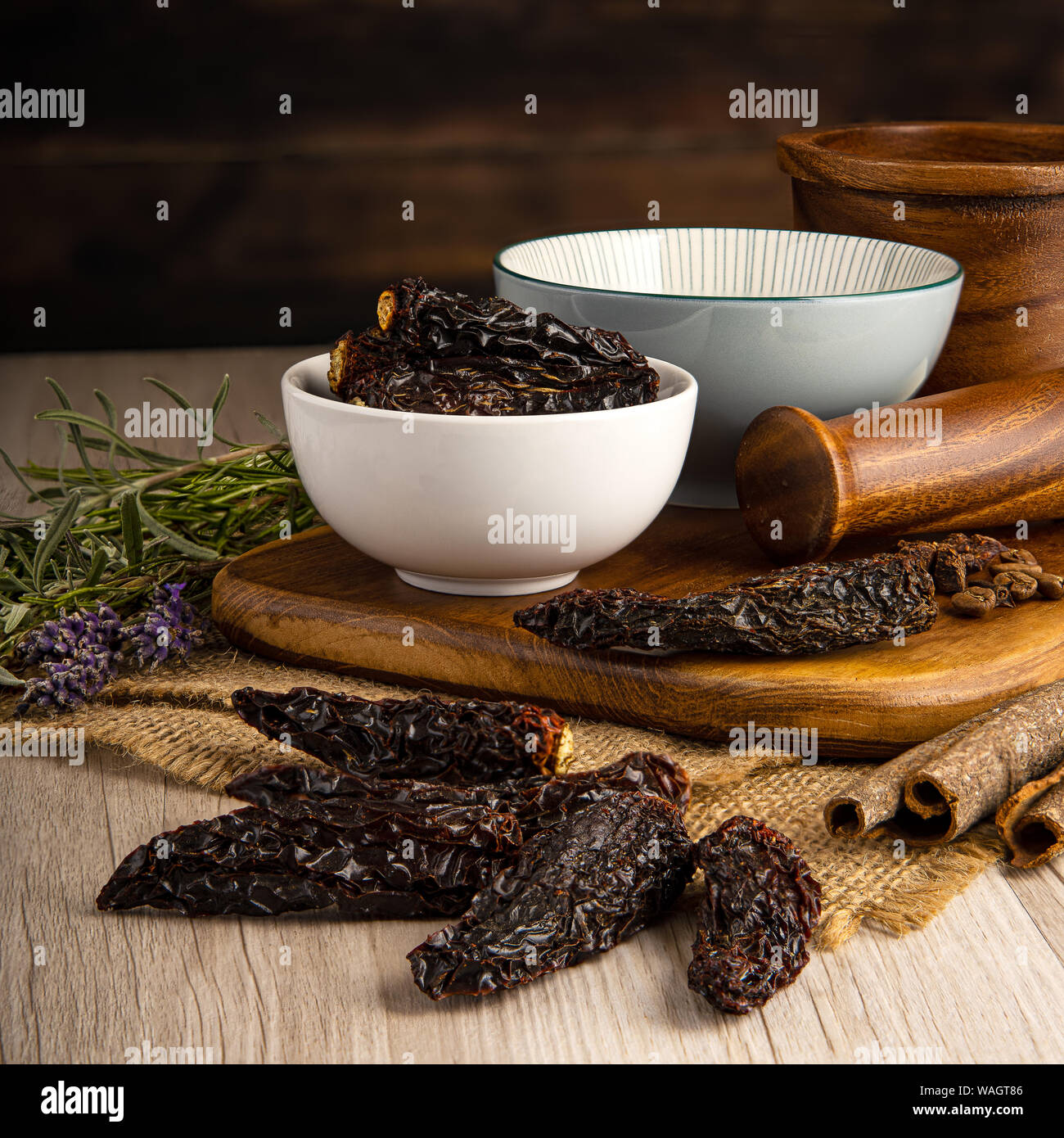 Dried Chipotle Chilli Chile Pods in a bowl and food preparation and ...