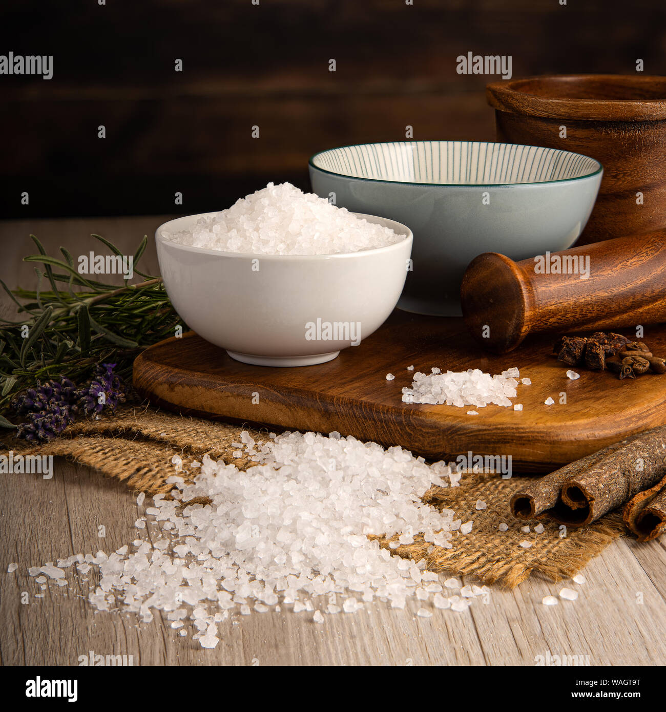Mediterranean Sea Salt in a bowl and food preparation and kitchen ...