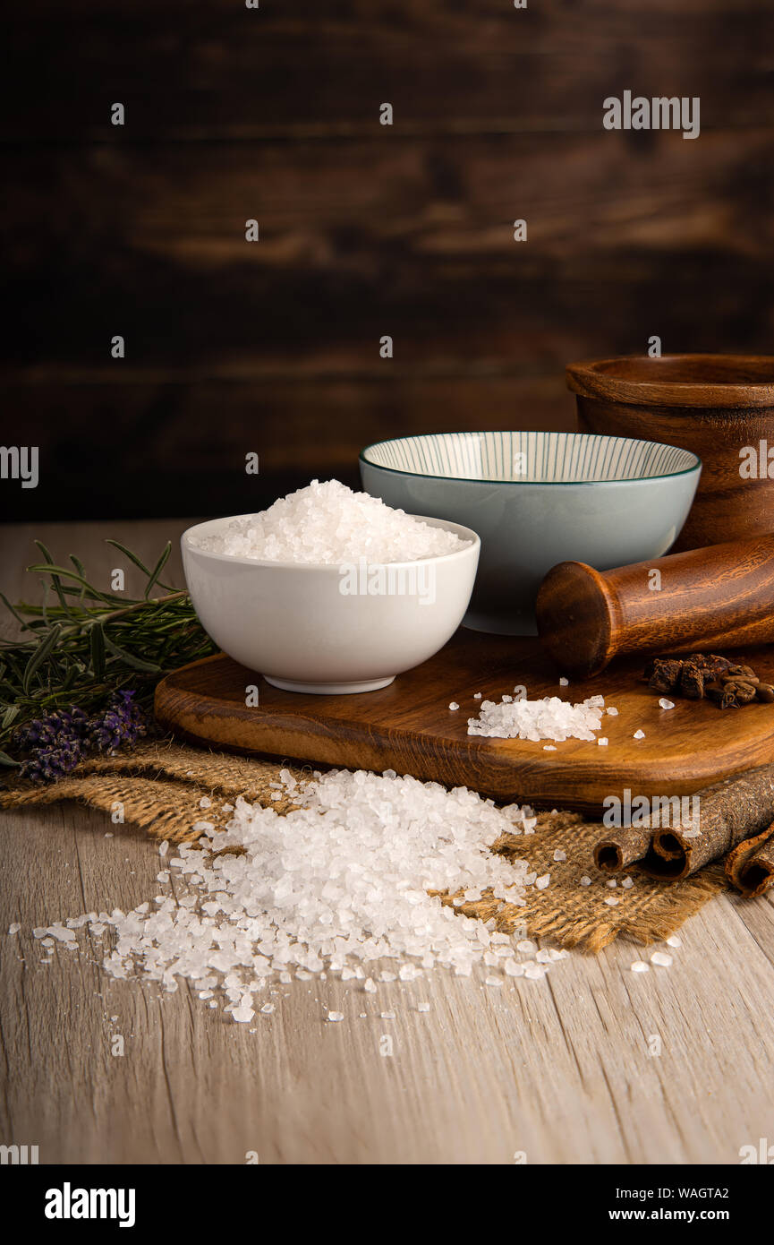 Mediterranean Sea Salt in a bowl and food preparation and kitchen ...