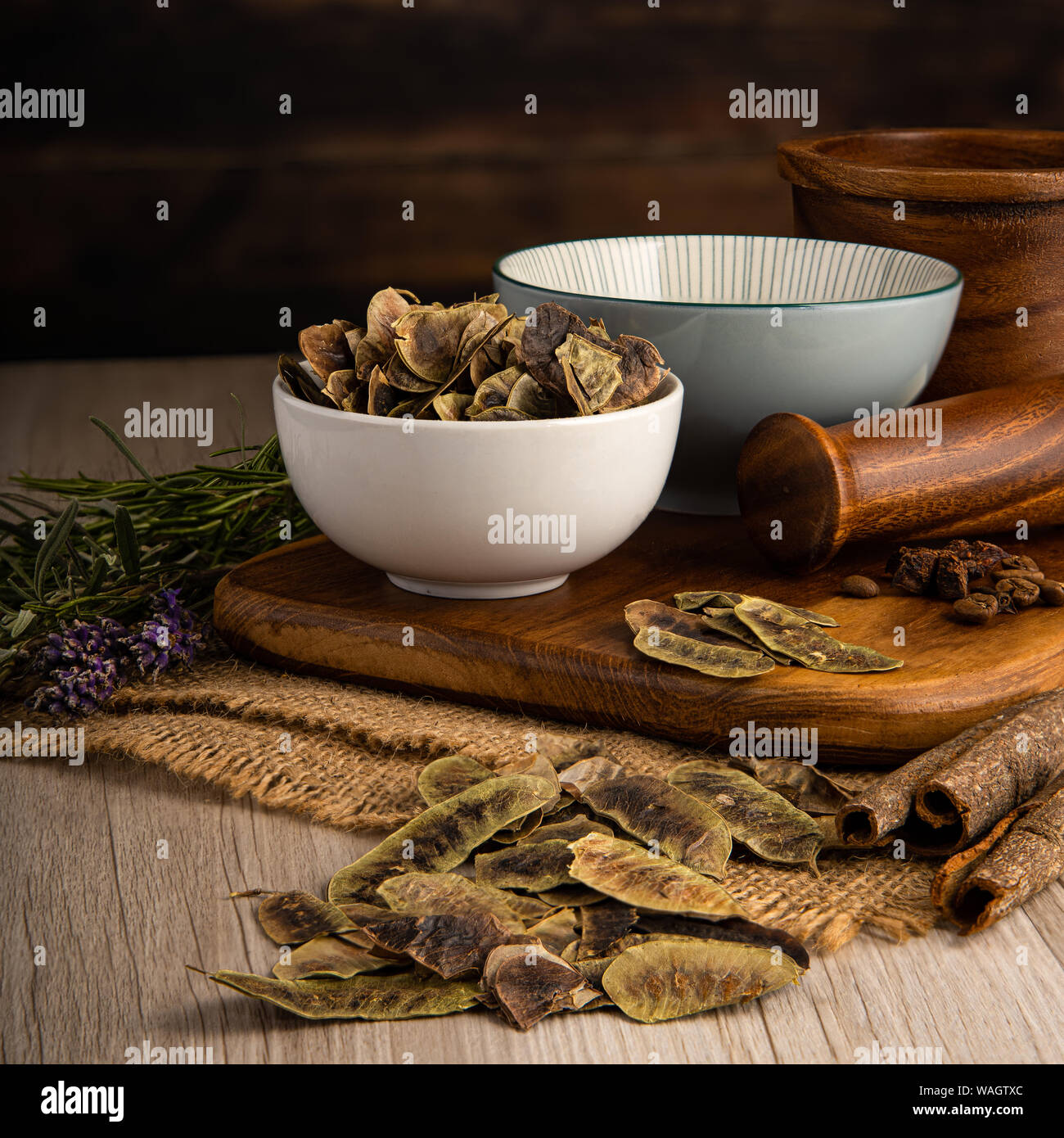 Senna Pods in a bowl and food preparation and kitchen setting Stock ...