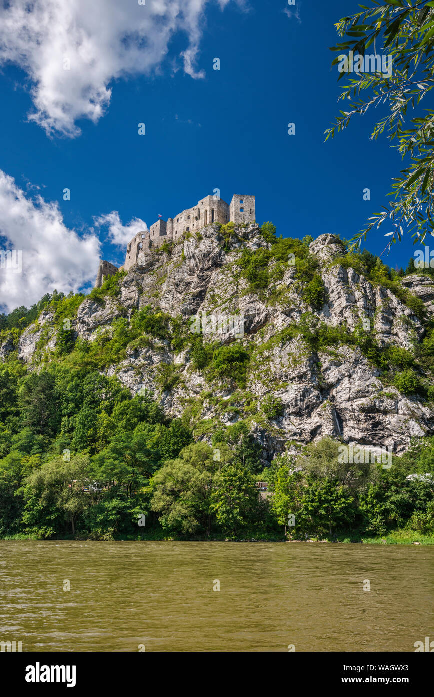 Strecno Castle on mountaintop over Vah river, Mala Fatra mountains ...