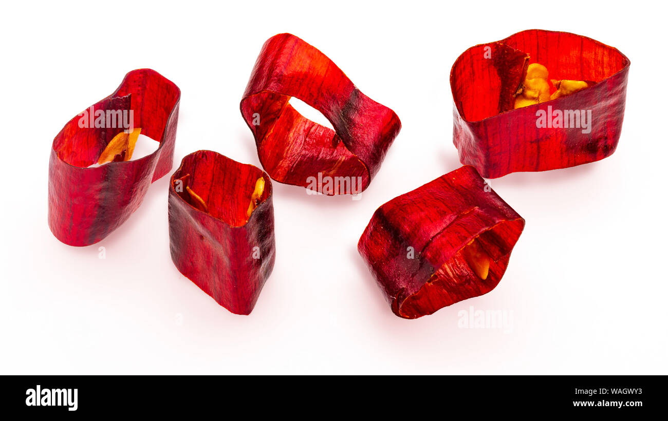 Dry red chillies cut into rings. Isolated on white background Stock ...
