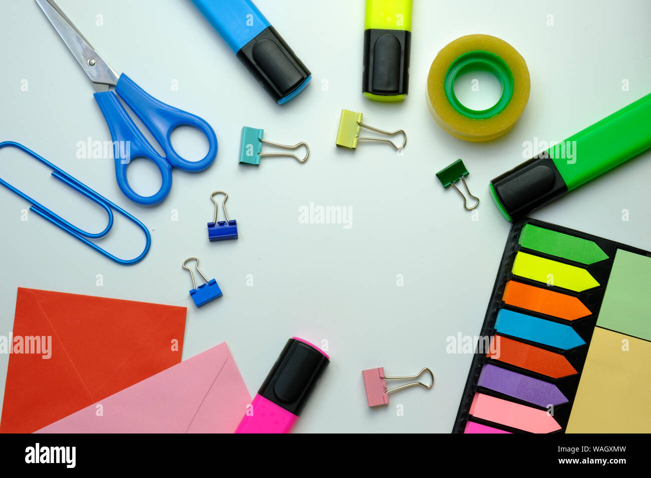 In this photo you can see a lot of school supplies in different ...