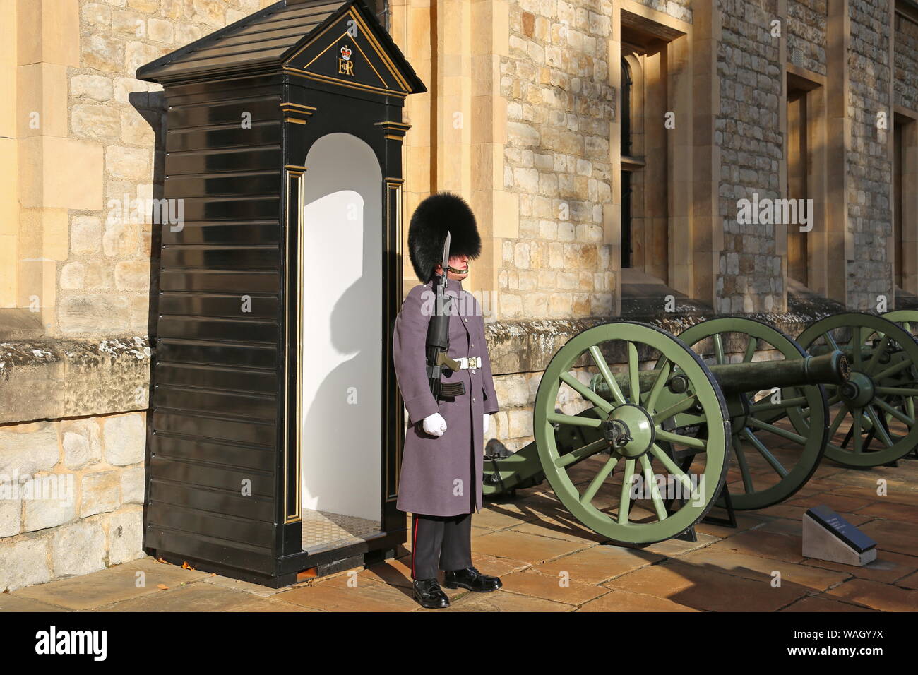 Scots Guards sentry outside Waterloo Block, Inner Ward, Tower of London ...
