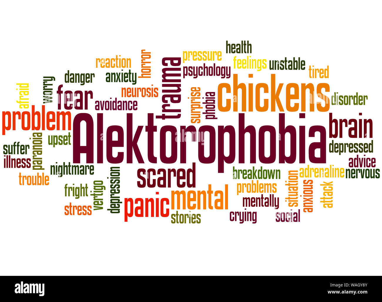 Alektorophobia fear of chickens word cloud concept on white background ...