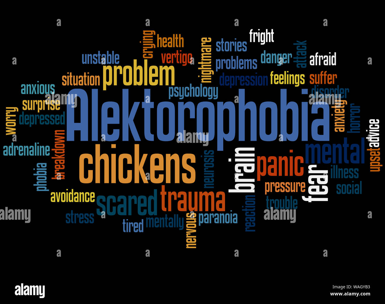 Alektorophobia fear of chickens word cloud concept on black background ...